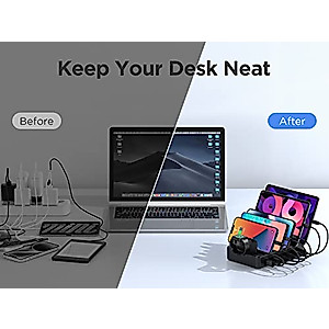 Charging Station for Multiple Devices, HSicily 50W 6 Ports Charging Dock with 6 Mixed Cables Charger Station Compatible with Cellphone, Tablet, Kindle, Apple Watch and Other Electronics