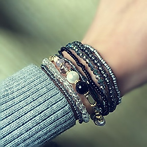 MengPa Stackable Beaded Bracelets for Women Bohemian layering Strand Statement Jewelry Grey Green Purple(3Pcs-) US3207ABC
