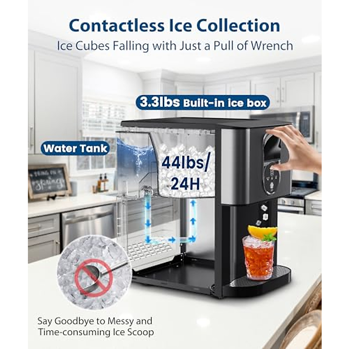 Joy Pebble Nugget Ice Maker Dispenser, Self Dispensing Pellet Ice Maker, 44lbs/24H, 15mins Quick Ice Make, 3.3lbs Ice Storage, Ice Full Indicator, Self-Cleaning, Home, Kitchen, Bar, Party