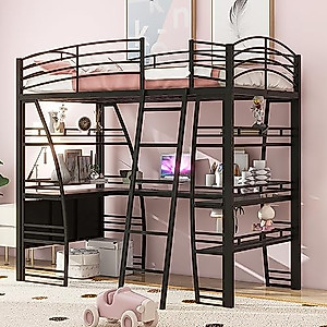 FANYHOME Twin Size Loft Bed with 4 Layers of Shelves and L-Shaped Desk, Stylish Metal Frame Bed with a Set of Sockets, USB Ports and Wireless Charging, Black