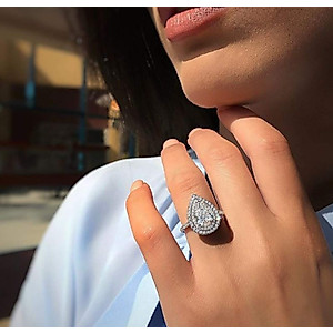 Yaya 925 Silver Classic Bridal Double Layer Drop-Shaped Zircon Ring Teardrop Halo Pear Cut Cubic Zirconia CZ Engagement Wedding Ring for Women (9#)