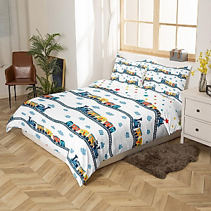 Erosebridal Cute Steam Engine Bed Sets for Kids Toddlers Kawaii Train Comforter Cover Construction Vehicles Duvet Cover Queen Cartoon Railway Bedding Set Boys Car Theme Bedspread Cover 3pcs