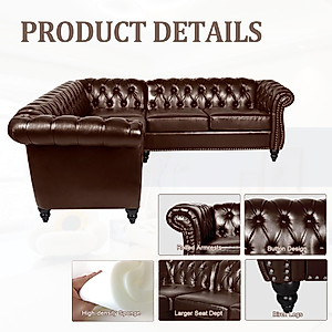 L Shaped Small Sectional Sofa, Chesterfield Leather Couch Tufted Accent Sofa with Scroll Arms and Nailhead for Living Room, Office (Dark Brown)