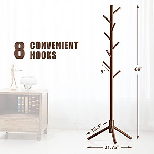 Haddockway Wooden Coat Rack Stand with 8 Hooks New Zealand Pine 3 Adjustable Coat Standing Tree Easy Assembly for Coats, Hats, Scarves and Handbags for Entryway, Hallway, Bedroom, Office,2 PCS