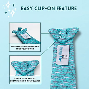 Tasty Tie Teething Tie, 3-in-1 Clip-on Baby Tie, Crinkle Toy & Silicone Teether for 3-18 Month Babies, Unique Baby Boy Gift, Shark Style