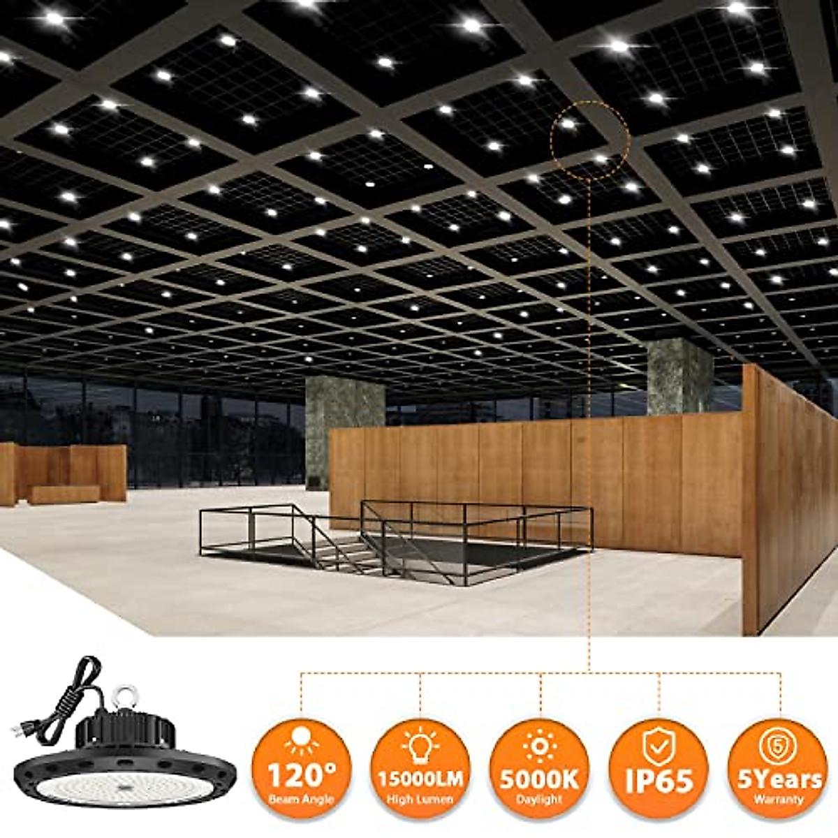 100W UFO LED High Bay Light 15000lm 5000K IP65 UL Approved 6' Cable with US Plug Alternative to 400W MH/HPS widely Used for Warehouse Shop Workshop Industrial Factory