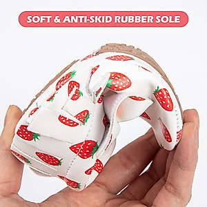 HONGTEYA Baby Moccasins with Rubber Sole&Soft Sole - Flower Print PU Leather Tassel Bow Girls Ballet Dress Shoes for Toddler (6-12Months, 12.5cm,5.5 M US Toddler, Strawberry)