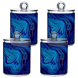 ALAZA 2 Pack Qtip Holder Dispenser Navy Blue Marble Bathroom Organizer Canisters for Cotton Balls/Swabs/Pads/Floss,Plastic Apothecary Jars for Vanity