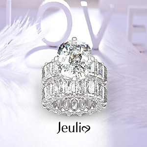 Jeulia Cushion Cut Three Sided Pave Sterling Silver Eternity Ring Cubic Zirconia Art Deco Halo Wedding Engagement Anniversary Rings Set (silver, 7)