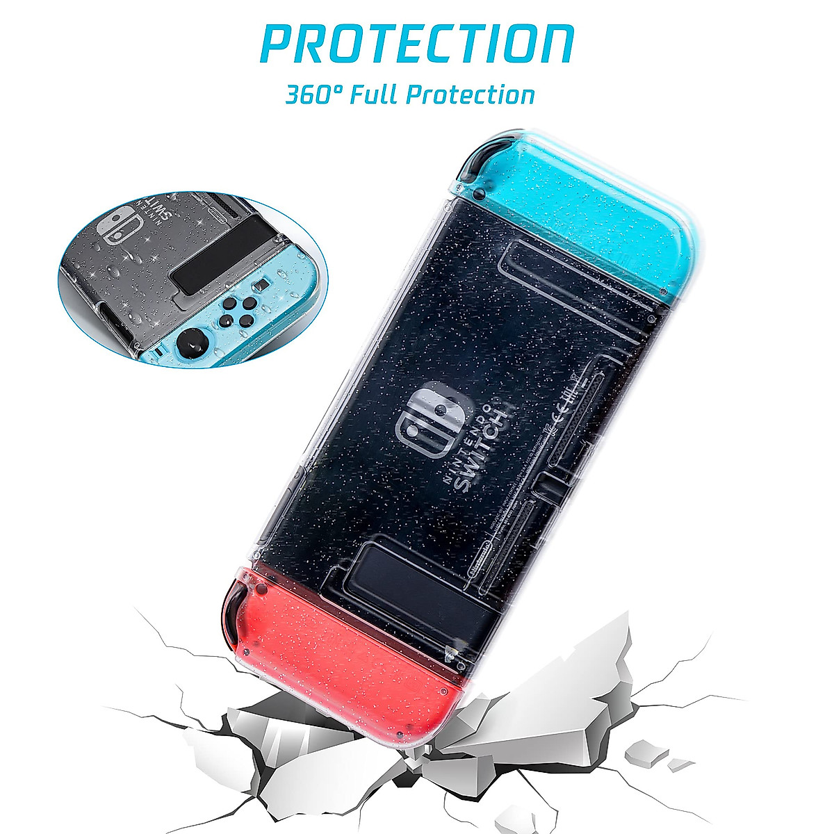 FANPL Glitter Clear Case for Nintendo Switch, Hard Shell Dockable Protective Case Cover for Switch and Joy Con Controller with 2 Bling Thumb Grips (Transparent)