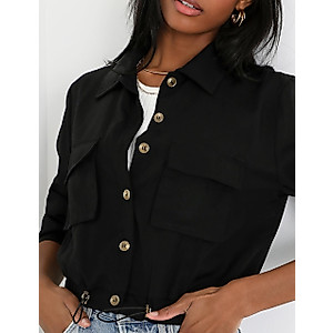 Vimyig Lightweight Black Cargo Jacket Women Casual Button Down Cropped Jackets with Pockets(Black-XL)