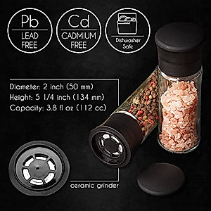 Crystalia Pepper Grinder Set of 2, Salt and Pepper Mills with Ceramic Mechanism, Glass Body, BPA-Free Plastic Lid