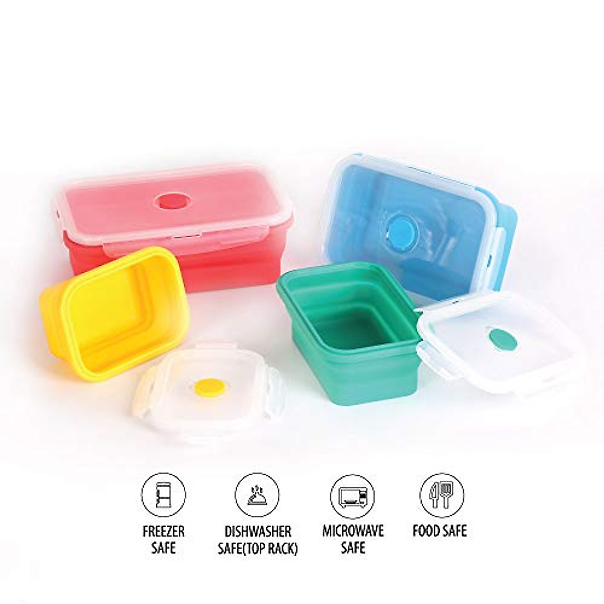 Collapsible silicone food storage containers w/BPA free airtight plastic lids-Set of 4 small and large meal cereal prep container bowl kitchen pantry organization, lunch boxes-Microwave & freezer