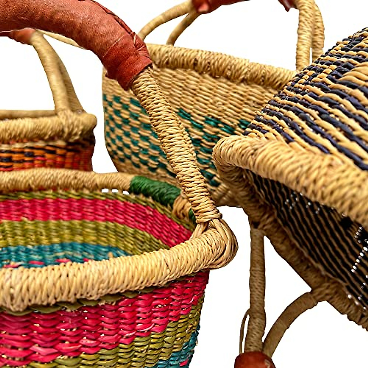Deluxe Round Colorful African Basket - 10" (small) - by market women in Bolgatanga, Ghana with Africa Heartwood Project - GBSRC (Flat-packed)