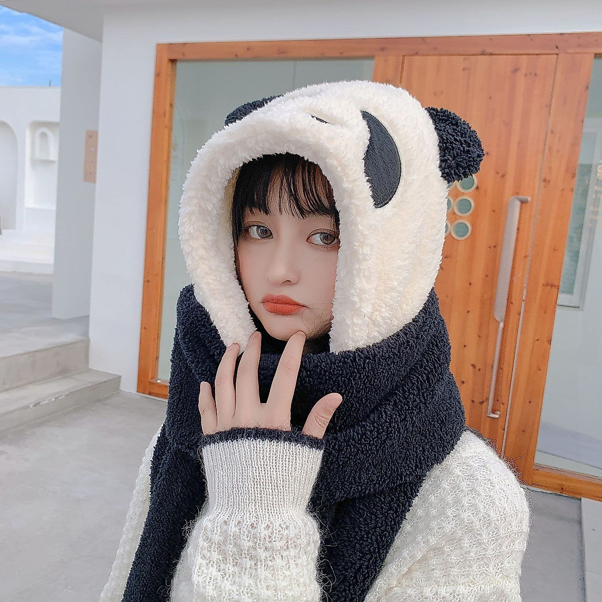 Women Girls Cute Panda Animal Winter Hats 3 in 1 Warm Soft Plush Hoodie Cap Gloves Mitten Scarf Set Cold Weather Earmuff Headbands Costume Holiday Christmas Gift for Adults Kids (Shy Face Panda)