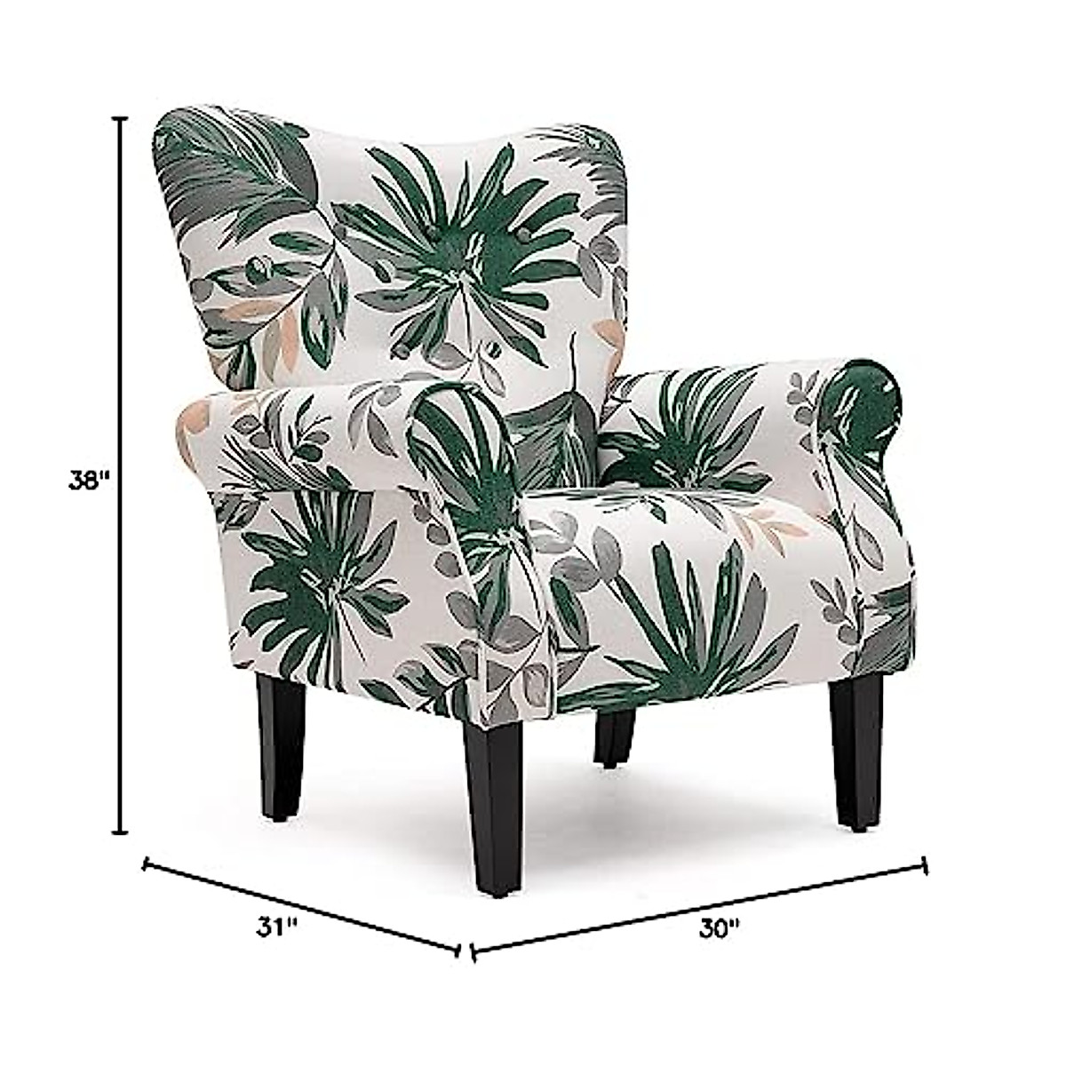 MELLCOM Mid Century Wingback Arm Chair,Modern Upholstered Fabric High Back Accent Chair with Wood Legs,Upholstered Single Sofa Club Chair for Living Room, Bedroom, Home Office, Green Leaves