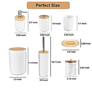 Bathroom Accessories Set, Set of 8 Piece Plastic Gift Set Toothbrush Holder,Toothbrush Cup,Soap Dispenser,Soap Dish,Toilet Brush Holder,Trash Can,Cotton Swab can for Bathroom (White bamboo-8pcs)