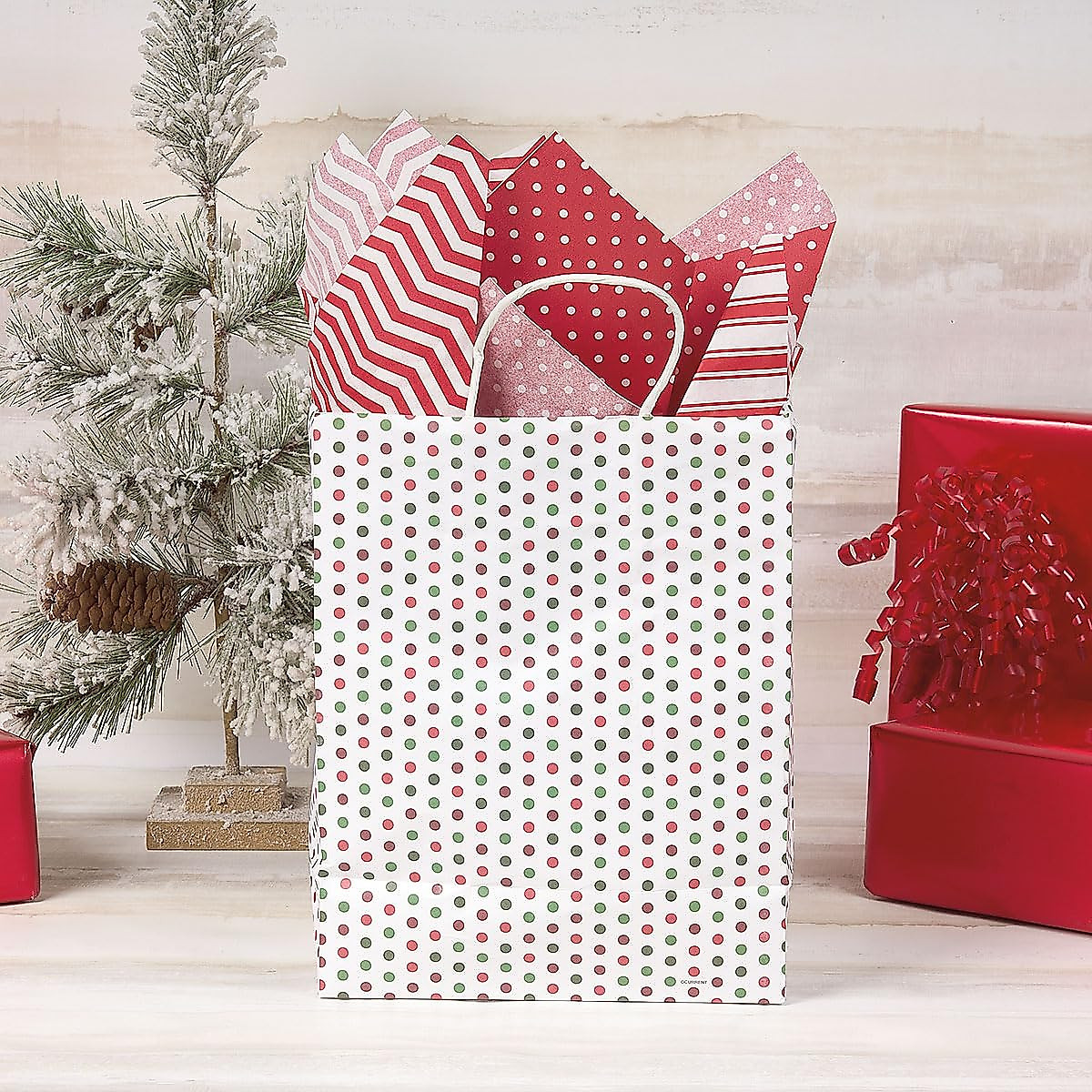 Christmas Red & White Dots and Stripes Tissue Sheets - Set of 18 Sheets, 20" x 20", 3 Designs