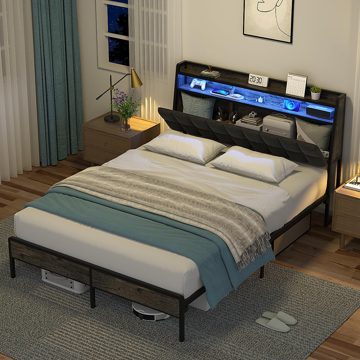 Flexpedic Queen Size Bedframe, Ergonomic Headboard with Multi-Space Storage, Platform Bed Frame Full Size with Charging Station and Adjustable RGB LED Lights, Strong Weight Capacity, Easy Assembly