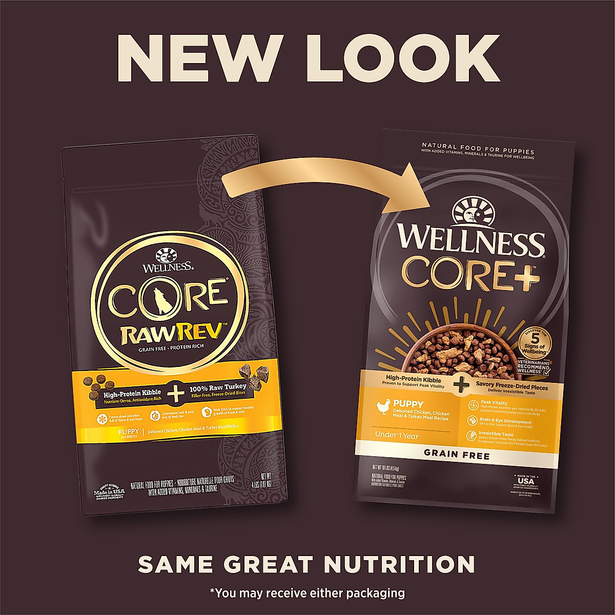 Wellness CORE+ (Formerly RawRev) Grain Free Natural Dry Puppy Food, Puppy Deboned Chicken & Turkey with Freeze Dried Turkey Recipe, 10-Pound Bag