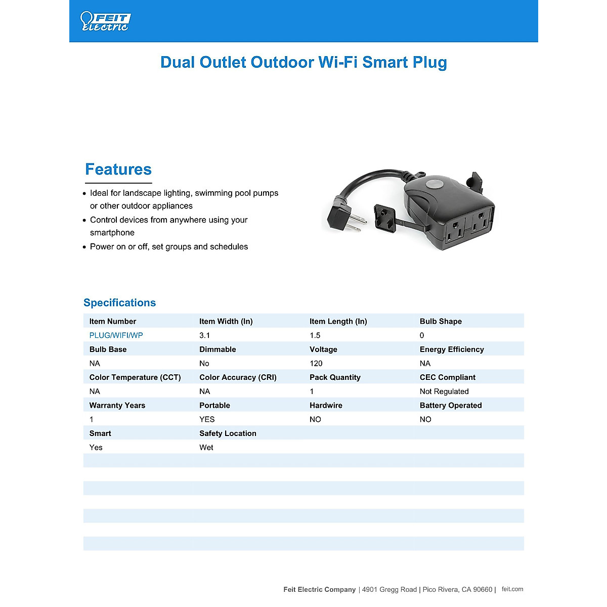 Feit Electric Smart Outdoor Plug, WiFi Waterproof Plug, 2 Grounded Sockets, Works with Alexa and Google Assistant, App Controlled, 15 Amp Indoor/Outdoor 2 Outlet Plug, Black, Plug/WiFi/WP