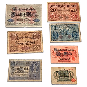 WWI German Empire Collection - 7 banknotes Issued from 1914 to 1918. Certificate of Authenticity Included