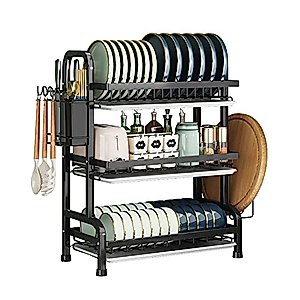 Dish Drying Rack, 3-Tier Large Capacity Kitchen Dish Rack Drainboard Set,Carbon Steel Dish Drainer Rack with Drip Tray & Utensil Holder, Cutting Board Holder and Dish Drainer for Kitchen (Black)