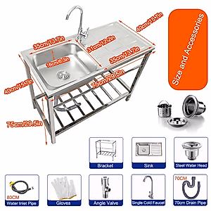 Free Standing Stainless Steel Utility Sink Single Bowl Kitchen Sinks Commercial Restaurant Sink Portable Outdoor Handwashing Station for Laundry Backyard Garage Camping 75x40x75cm(30x16x30in)