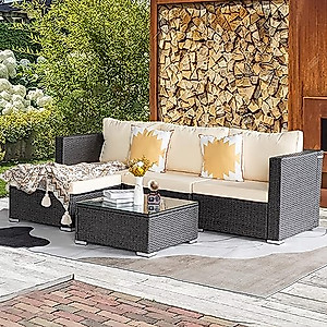 PAOLFOX 5 Piece Patio Furniture Sets,Patio Conversation Sets,Wicker Patio Furniture,Rattan Outdoor Furniture,Patio Sofa,Deck Furniture Brown/Beige