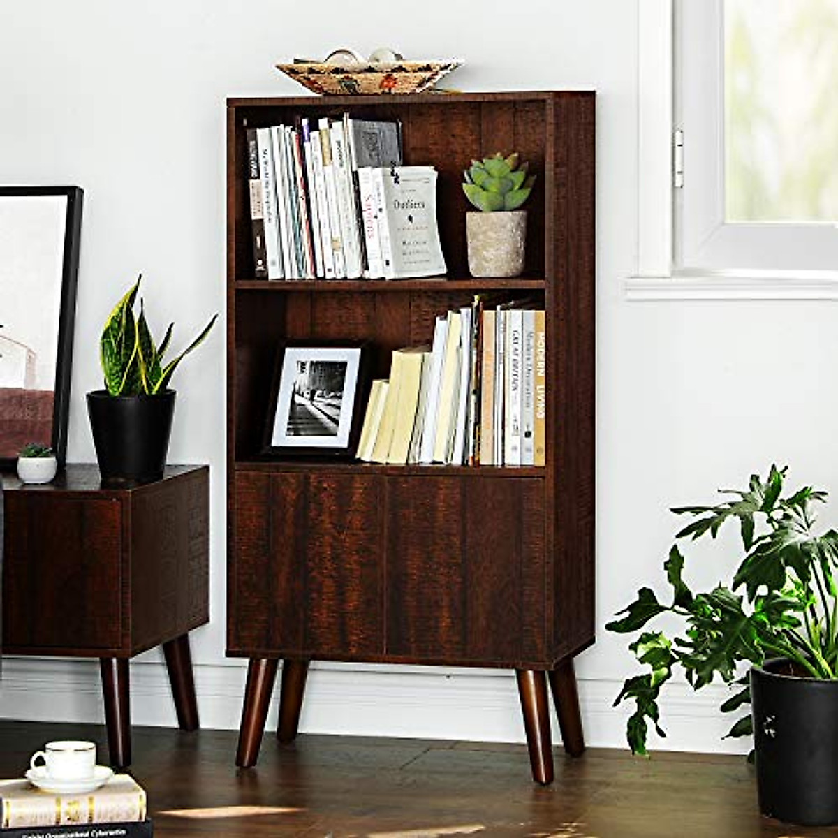VASAGLE, Walnut Bookcase, 3-Tier Retro Bookshelf with Doors, Storage Cabinet for Books, Photos, Decorations in Living Room, Office, Study, Mid-Century Style, ULBC09BY