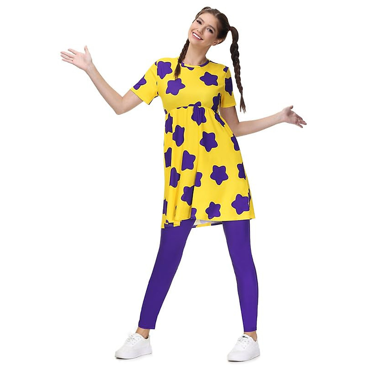 Women's Halloween Short Sleeve High Waist Yellow Dress Round Neck Susei Carmichael Costume with Leggings XL