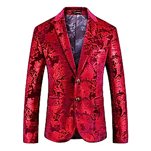 Men Luxury Floral Dress Suit Velvet Stylish Wedding Blazer Jacket 2 Button Jacquard Party Prom Sport Coat Tuxedo (Red,XX-Large)