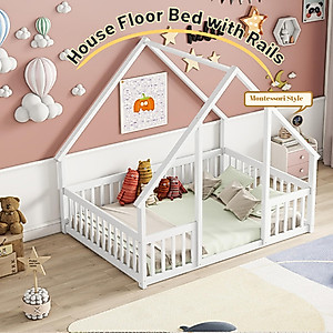 Luckiofvonne House Bed for Kids, Full Size Floor Bed with Fence Rails, Wood Montessori Bed Frame for Girls Boys Teens, White