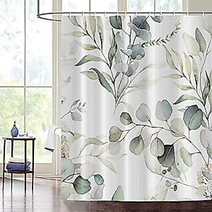 GCIREC Eucalyptus Leaf Shower Curtains, Sage Green Spring Botanical Watercolor Plants Bathroom Curtains Bathtub Home Decor Waterproof Fabric Machine Washable with 12 PCS Hooks