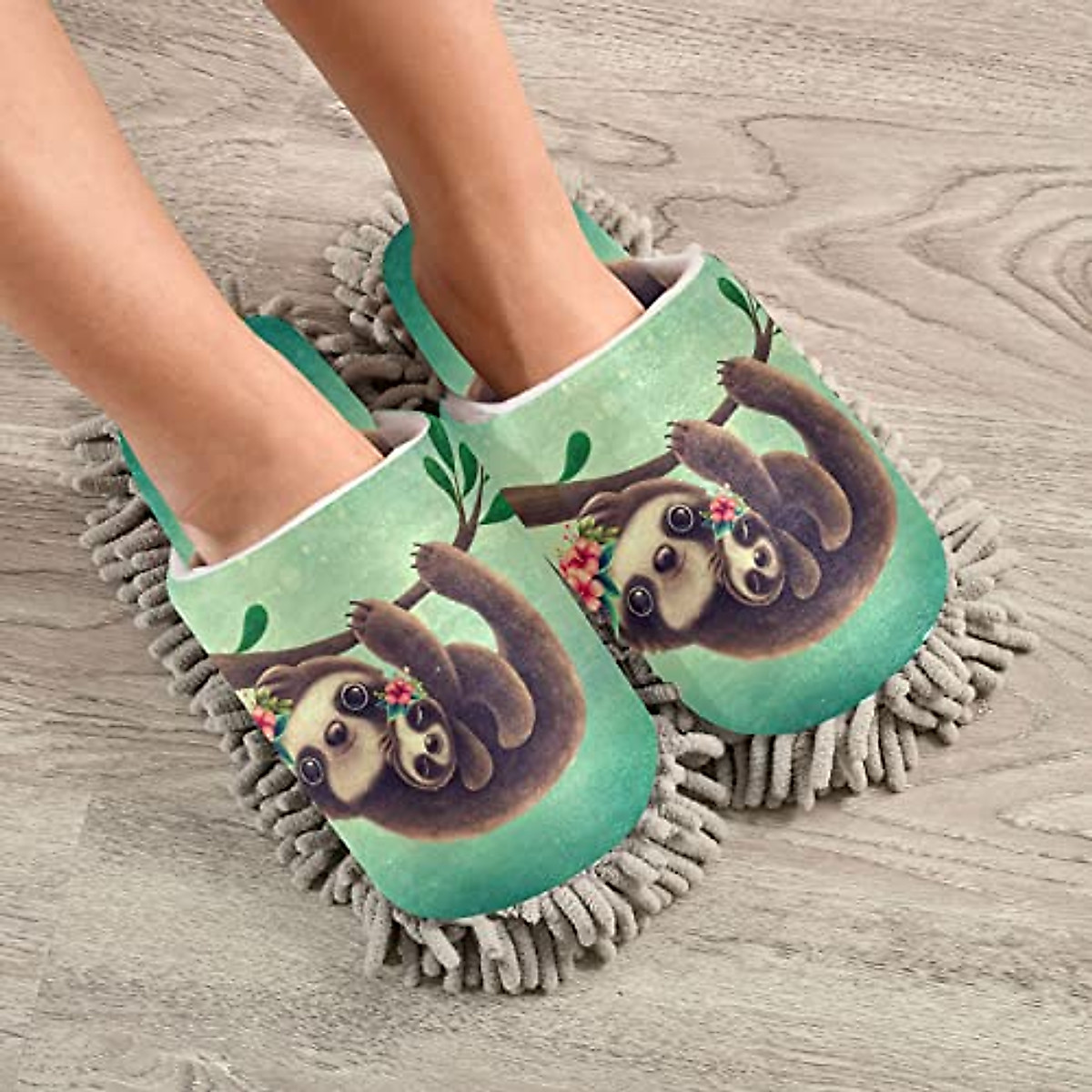 Sloth Mom Baby Mop Slippers Shoes Cover for Floor Cleaning Washable Dust Dirty Hair Cleaners Microfiber Mop Socks for House Office Kitchen