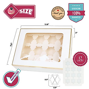 Gold-Trimmed Cupcake Boxes - 12 Count Cupcake Containers with Removable Inserts, Transparent Window Cupcake Holder (5 Pack)