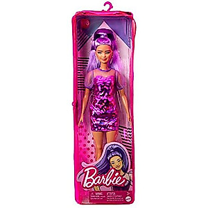 Barbie Fashionistas Doll, Petite, Long Purple Hair & Purple Metallic Dress, Sheer Bodice & Sleeves, Purple Sneakers, Toy for Kids 3 to 8 Years Old