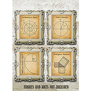 Math Art Prints-Archimedean Spiral, Euler's Formula, Fibonacci Golden Spiral, Pythagoras Theorem-Set of Four Gallery Wall 8x10 Unframed - Gift & Decor For Teachers, Classroom & Math Students Under $20