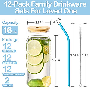 AJARAERA 16 oz Glass Cups with Lids and Straws,Beer Glasses,Iced Coffee Cup, Glass Cups,Glass Cup Set of 12