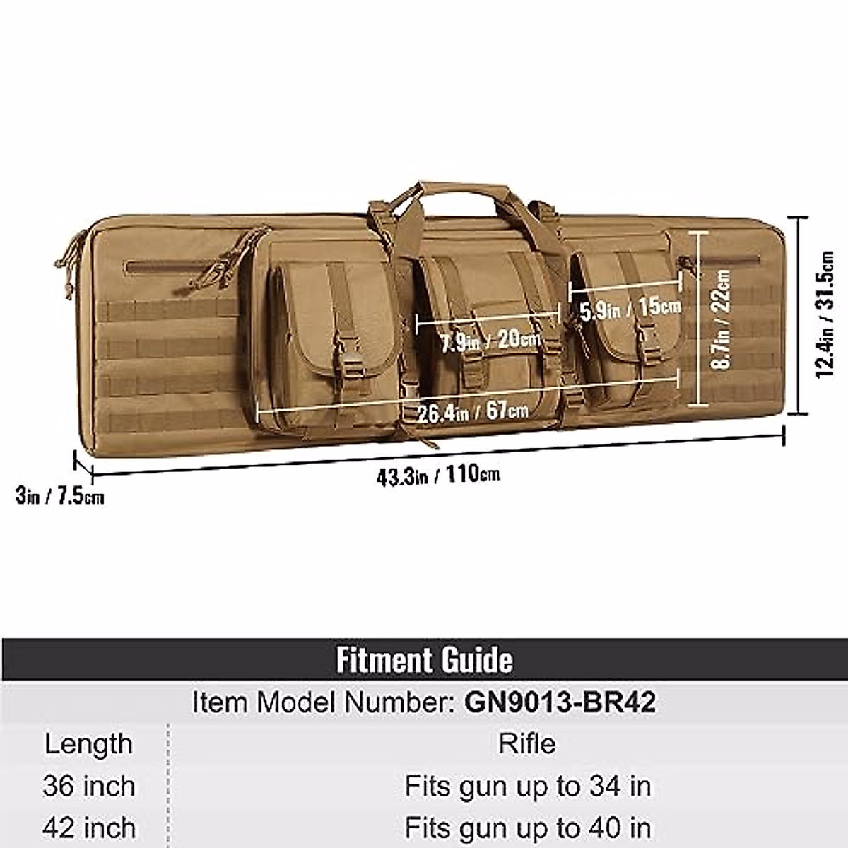 VEVOR Rifle Bag, 36 inch Tactical Double Long Gun Bag, Soft Rifle Case with Lockable Zipper, Portable Handle & Shoulder Strap, 3 Large Storage Pockets Rifle Case for Two 34" Rifles & 2 Pistols, Brown