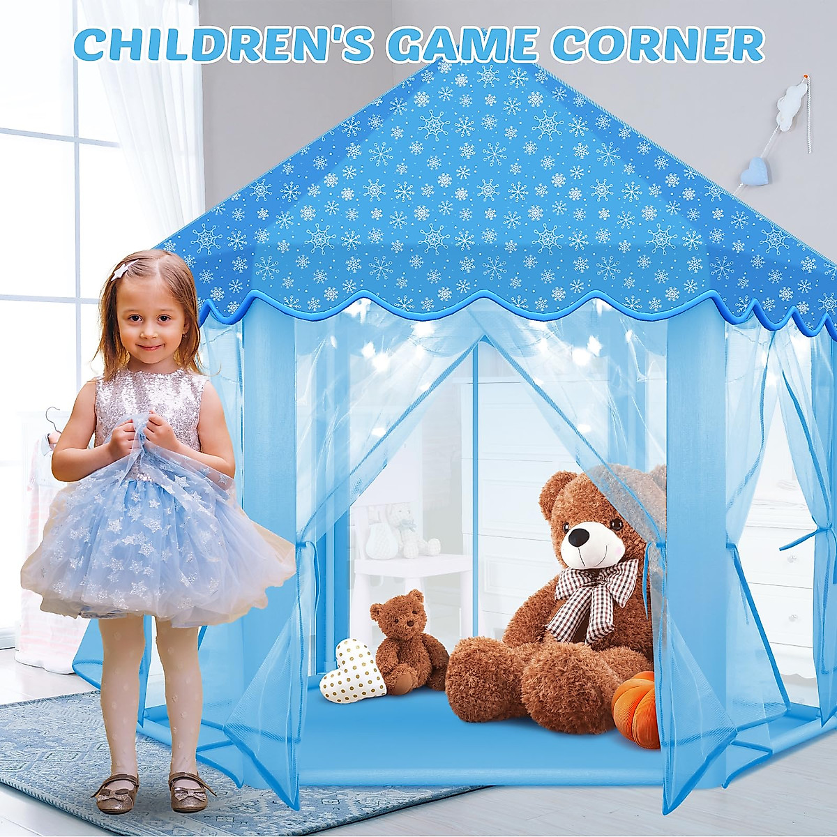 Blue Princess Tent Girls Large Playhouse Kids Castle Play Tent with Star Lights Toy for Children Indoor and Outdoor Games for Ages 3 4 5 6 Year Old