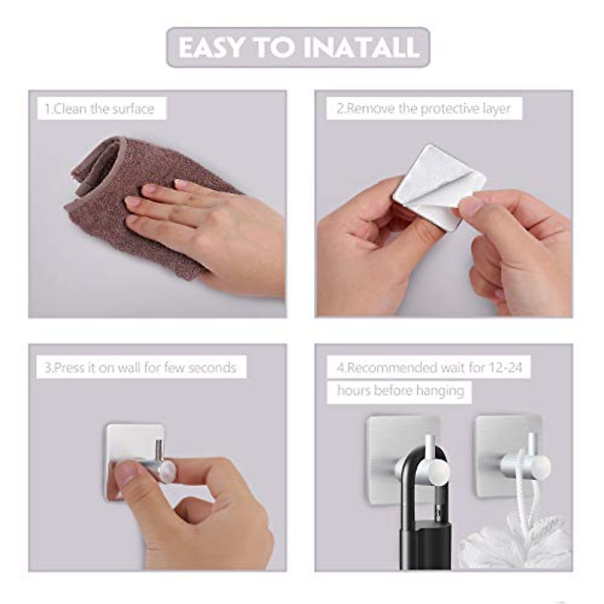Tidysun Adhesive Hooks Heavy Duty , Waterproof Robe Hangers Towel Hooks Stick on Wall Hooks for Bathroom Kitchen Home Doors Closet 4Packs (Silver)