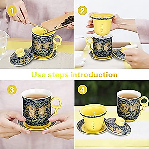 YURROAD Chinese Dragon Pattern Tea-Mug with Strainer Infuser and Lid and Saucer Ceramic Tea Mug Convenient System Chinese Porcelain Personal Tea Cup 13.5oz(400ml) - DARK GREEN TC400