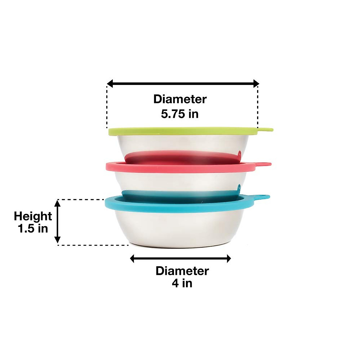 Messy Mutts 6-Piece Set | Three Stainless Steel Bowls and Three Colorful Silicone Lids | Sealable Travel Containers | Portable Food/Water Dishes for Pets | Medium, 1.5 Cups