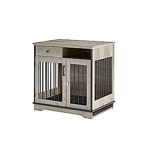 OGAOL Dog Crate Furniture, Wood Furniture Style Dog Crate End Table with Drawer, Medium Dog Kennel with Removable Tray, Rustic Deco Dog House Cage for Dogs up to 60 lb, Chew-Proof (Grey-with Tray)