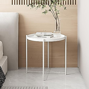 Fixwal End Table, Folding Metal Side Table White Small Coffee Table Sofa Side Table with Removable Tray for Living Room Bedroom Balcony and Office