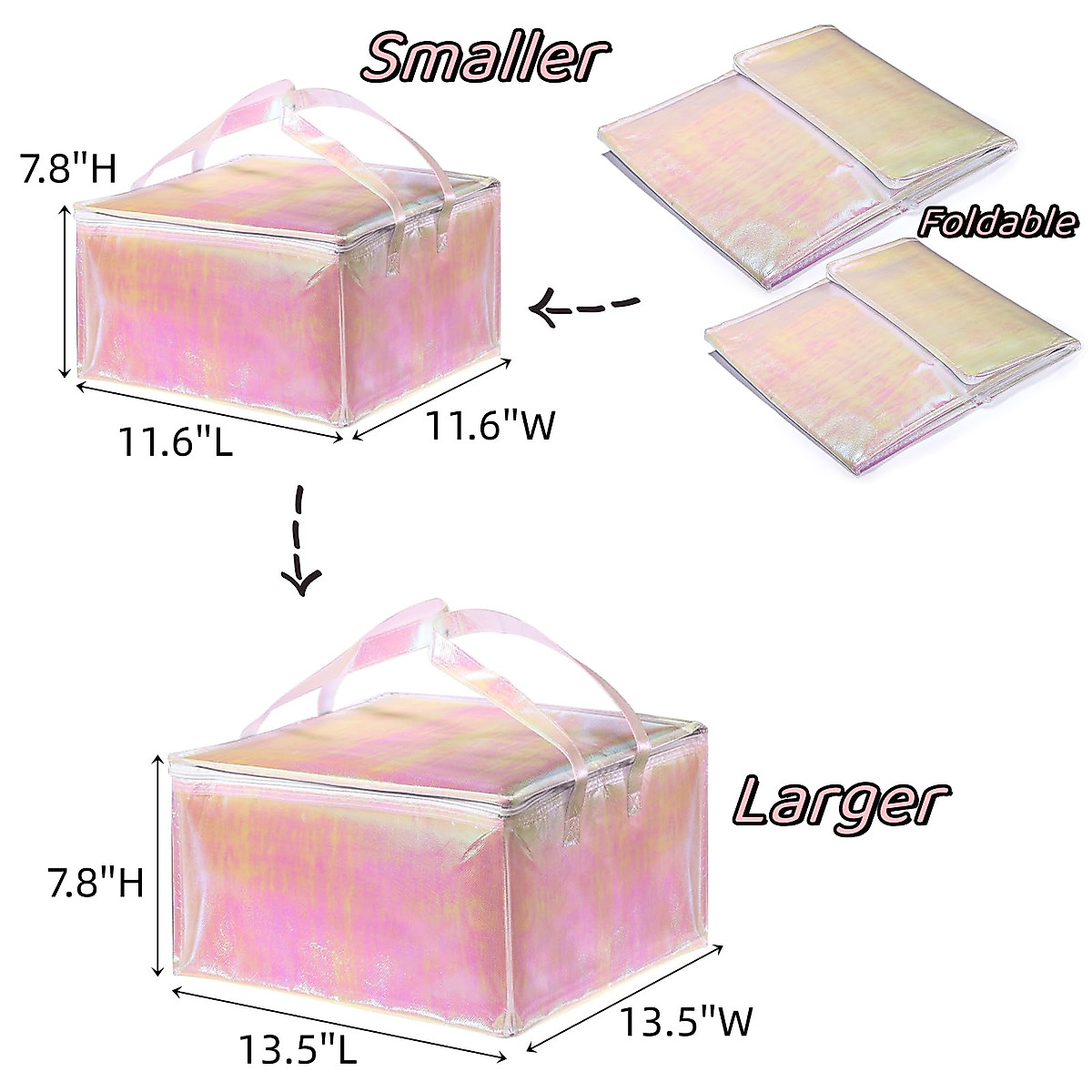 Lyellfe 6 Pack Cooler Bags Insulated, Waterproof Reusable Grocery Shopping Bag with Zipper, Portable Glossy Pink Food Delivery Bag for Take Outs, Picnic