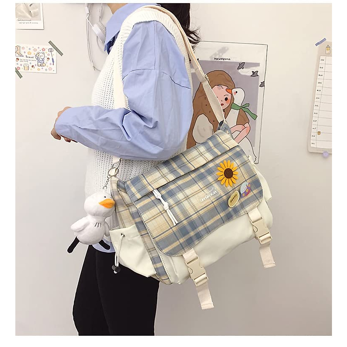 Kawaii Backpack Japanese School Bag Aesthetic Cute Plaided Bags Harajuku Tote Ita Bag Crossbody Girls Kawaii Stationary (Yellow, One Size)