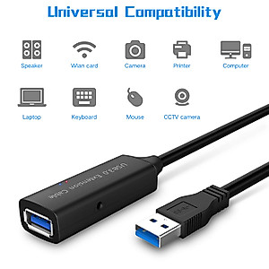 RSHTECH USB 3.0 Active Extension Cable 32 Feet with 5V 2A Power Adapter, USB 3.0 Extender Male to Female Cord with Built-in Signal Booster Chips for Xbox, PS4, USB Printer, Mouse, Keyboard, etc