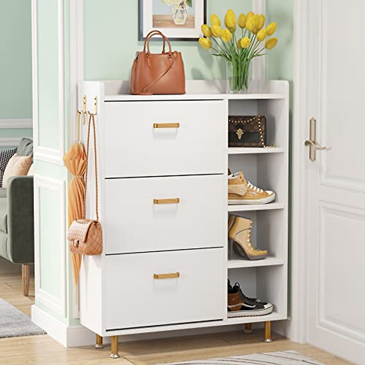 LITTLE TREE Shoe Cabinet, Freestanding Shoes Storage Cabinets with 3 Flip Drawers and Open Shelves for Entryway